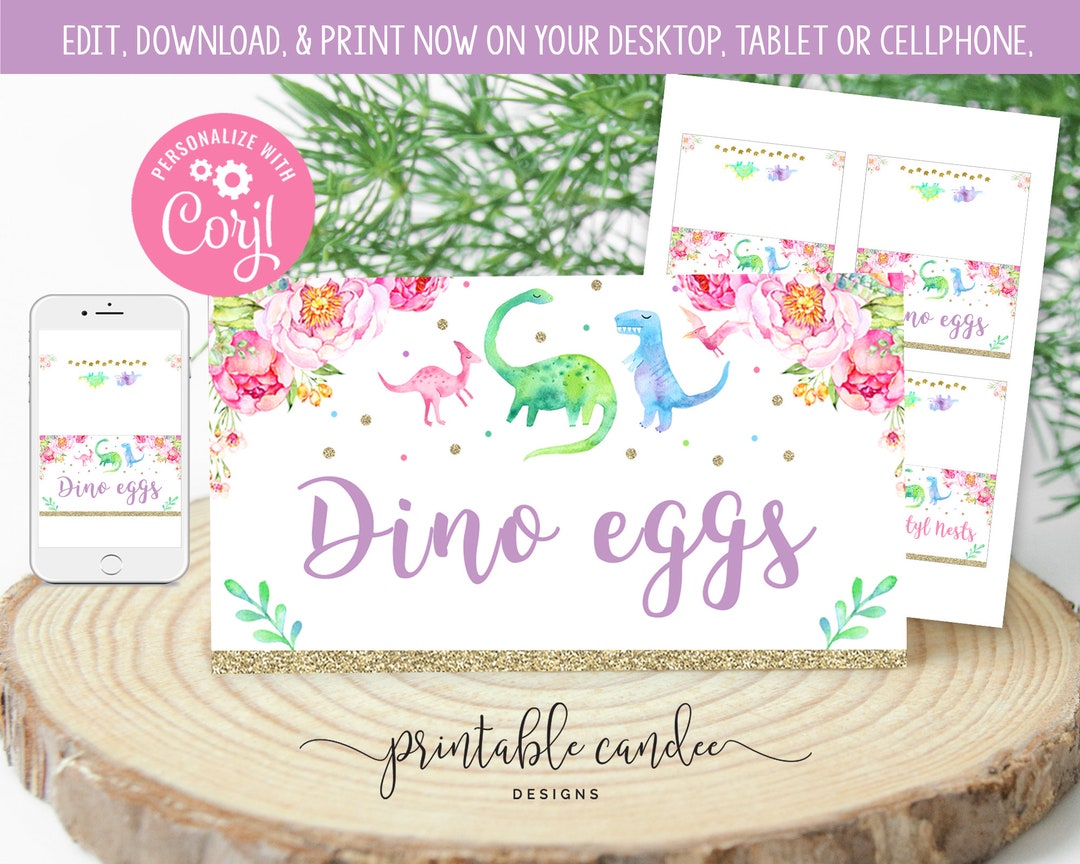 Dinosaur Food Tent Signs Girl Birthday Party Pink Floral Dino Party ...