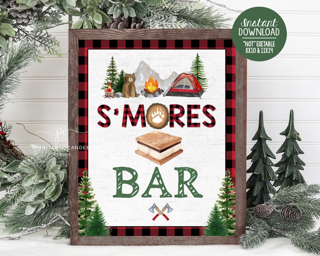 S'mores Bar Sign Camping Party Decor Red Lumberjack One Happy Camper ...