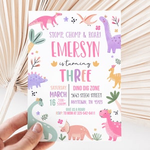 Pastel Dinosaur Birthday Invitation Girl Stomp Chomp Roar Party ...