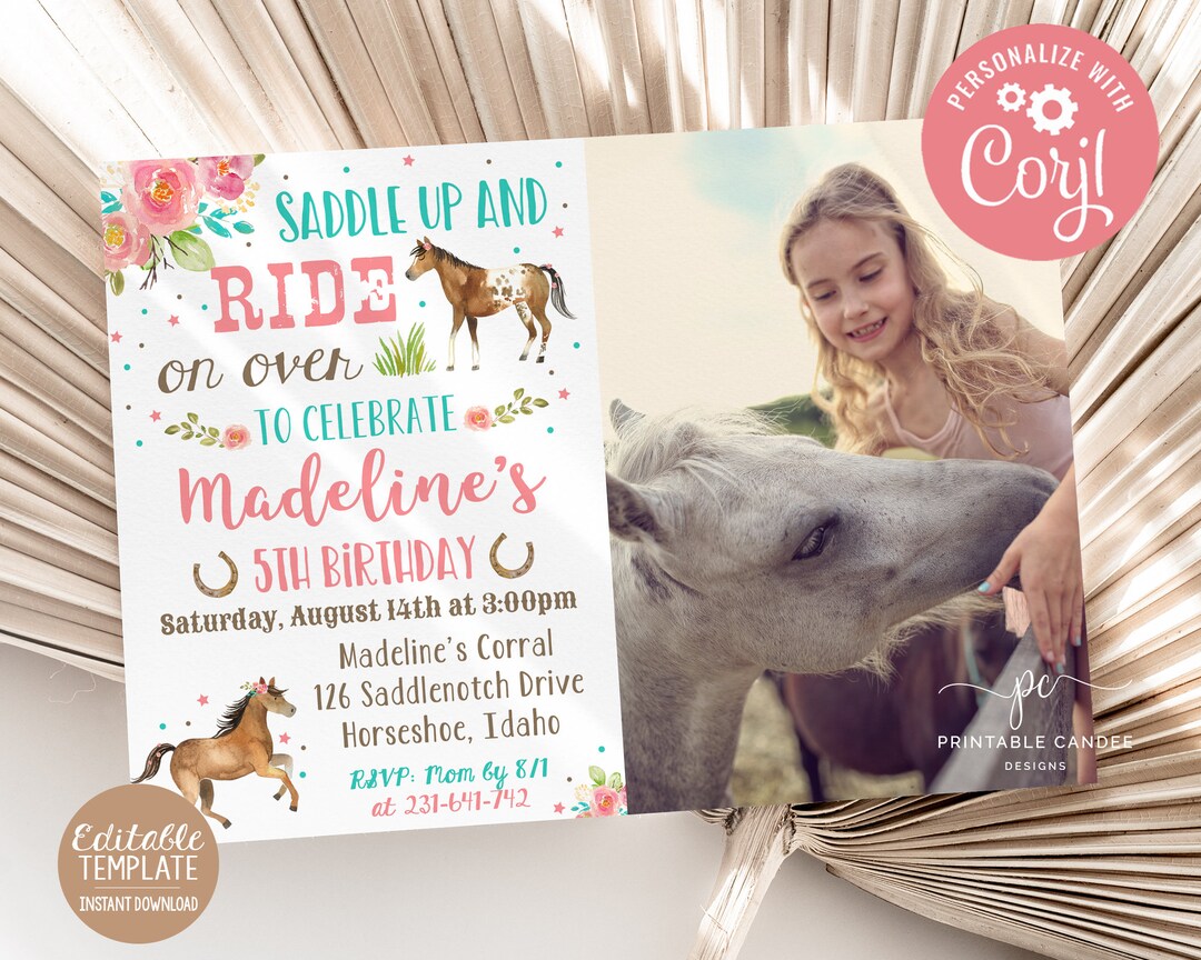 Girl Horse Birthday Invitation Party Invite Floral Pink Aqua Theme ...
