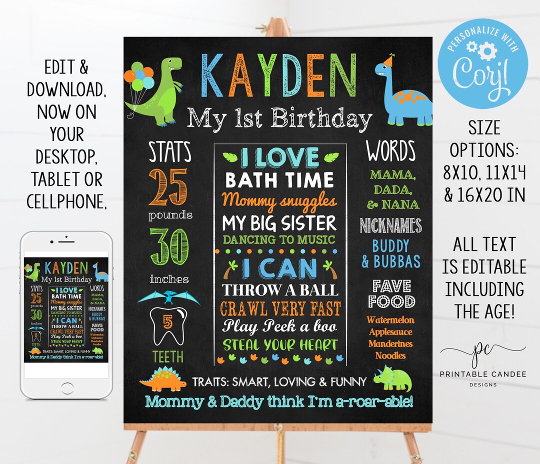 Dinosaur First Birthday Stats Sign Milestone Dino Chalkboard Party ...