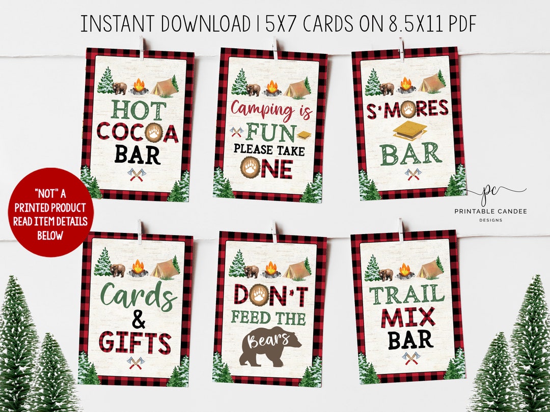 Camping Party Signs Hot Cocoa Bar S'mores Decor Lumberjack Table Signs ...