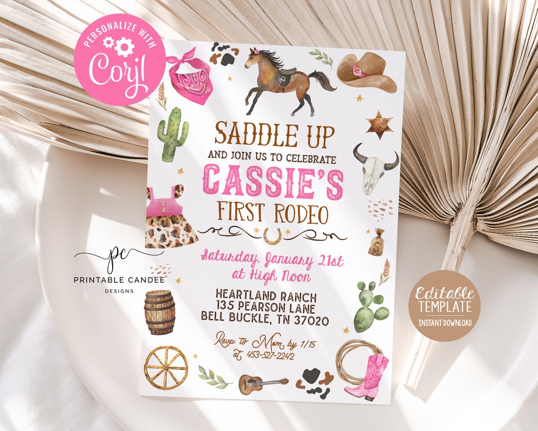 Editable Cowgirl Birthday Invitation 1st Rodeo Party Invite Pink Wild ...