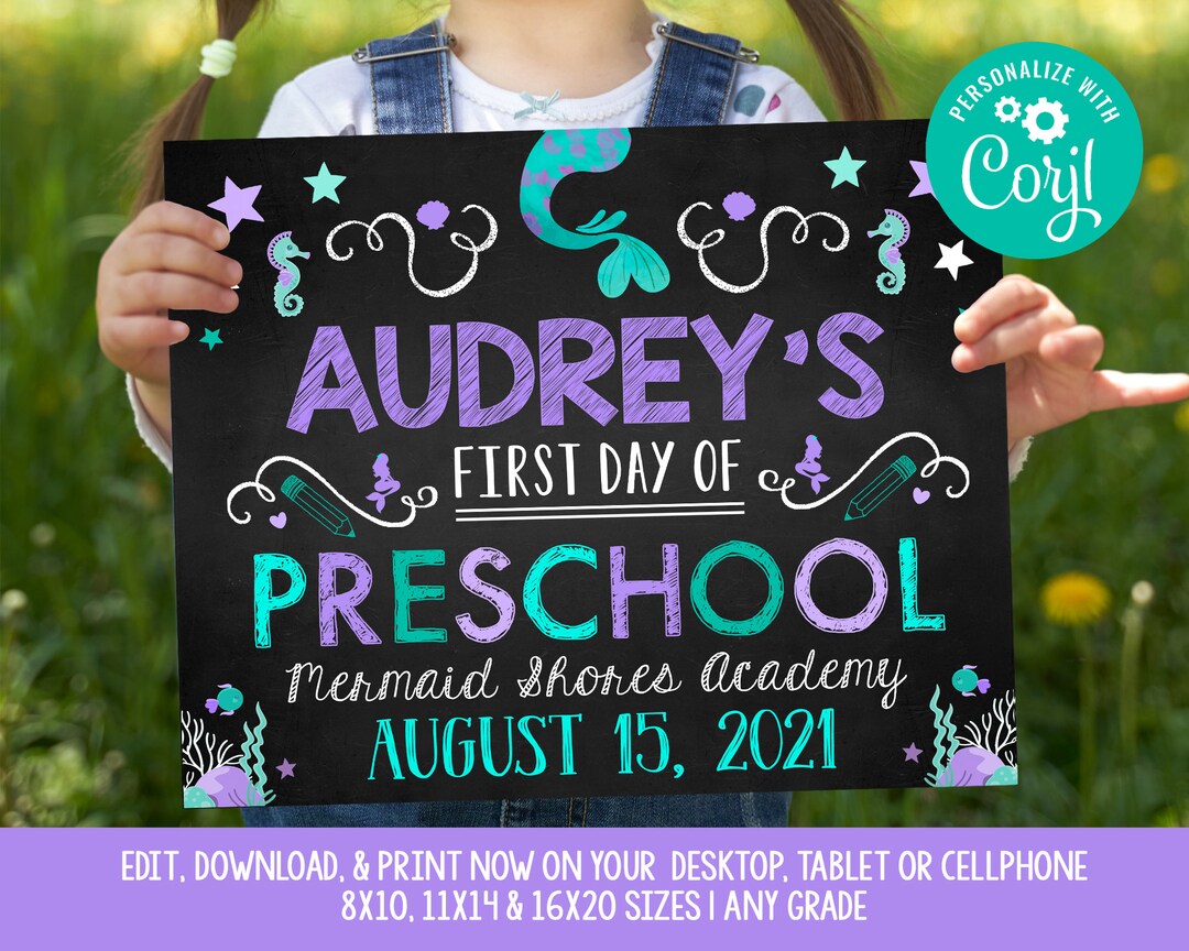 First Day of School Chalkboard Sign Mermaid Girl 1st Day of Preschool ...
