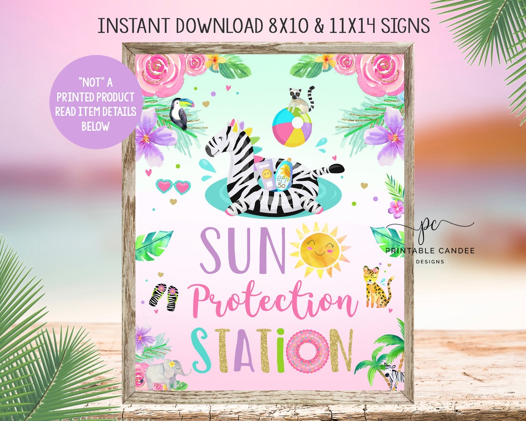 Jungle Pool Party Sun Protection Station Sign Girl Birthday - Etsy