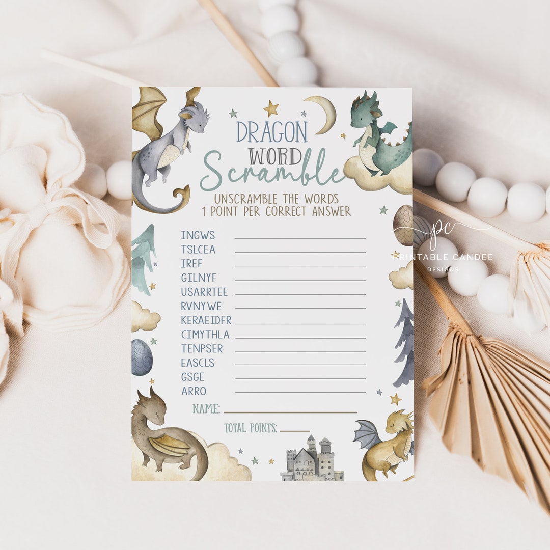Dragon Baby Shower Game Blue Dragons Theme Printables Word Scramble It ...