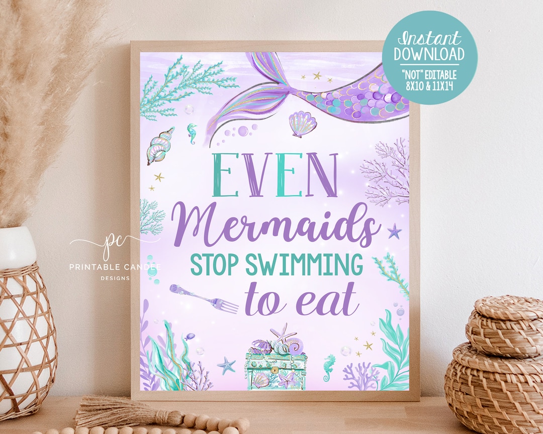 Mermaid Party Food Sign Purple Teal Gold Birthday Theme Sea Water Table ...