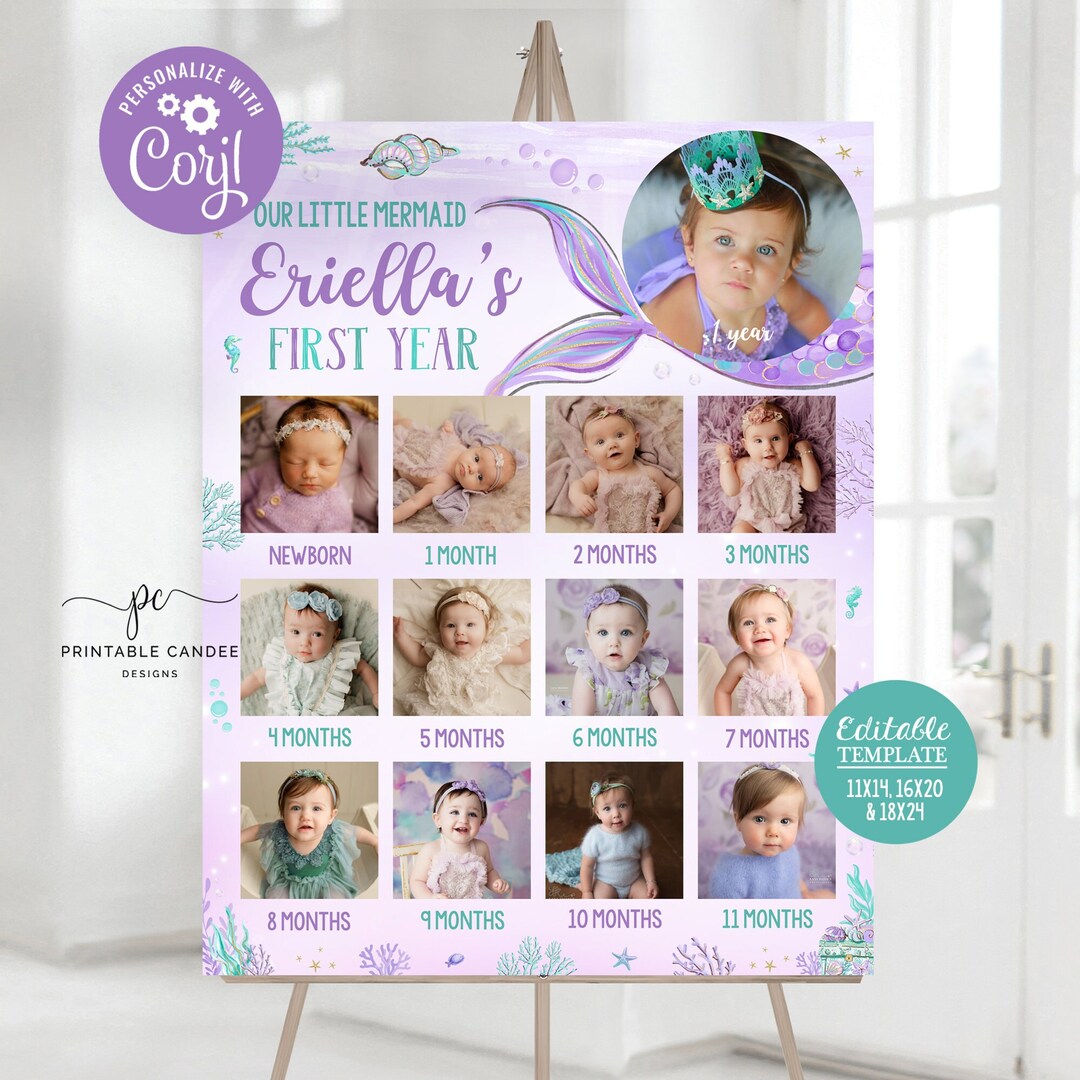 Baby's First Year Poster Template Mermaid Editable Year in Pictures ...