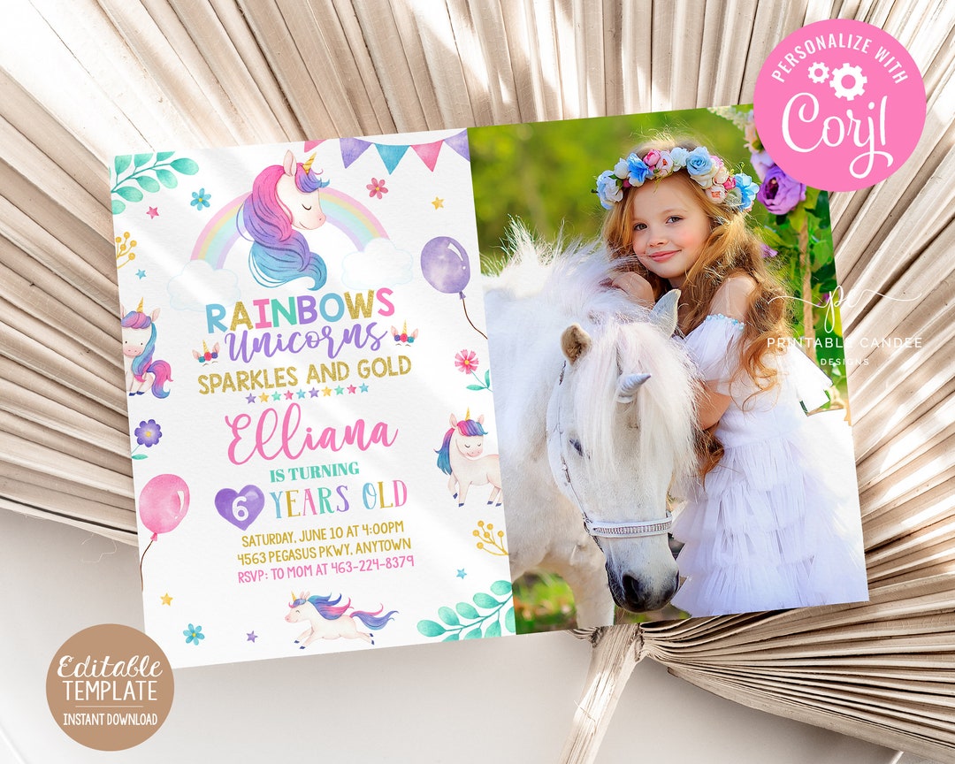 Editable Unicorn Rainbow Birthday Invitation Unicorns Rainbows Sparkle ...