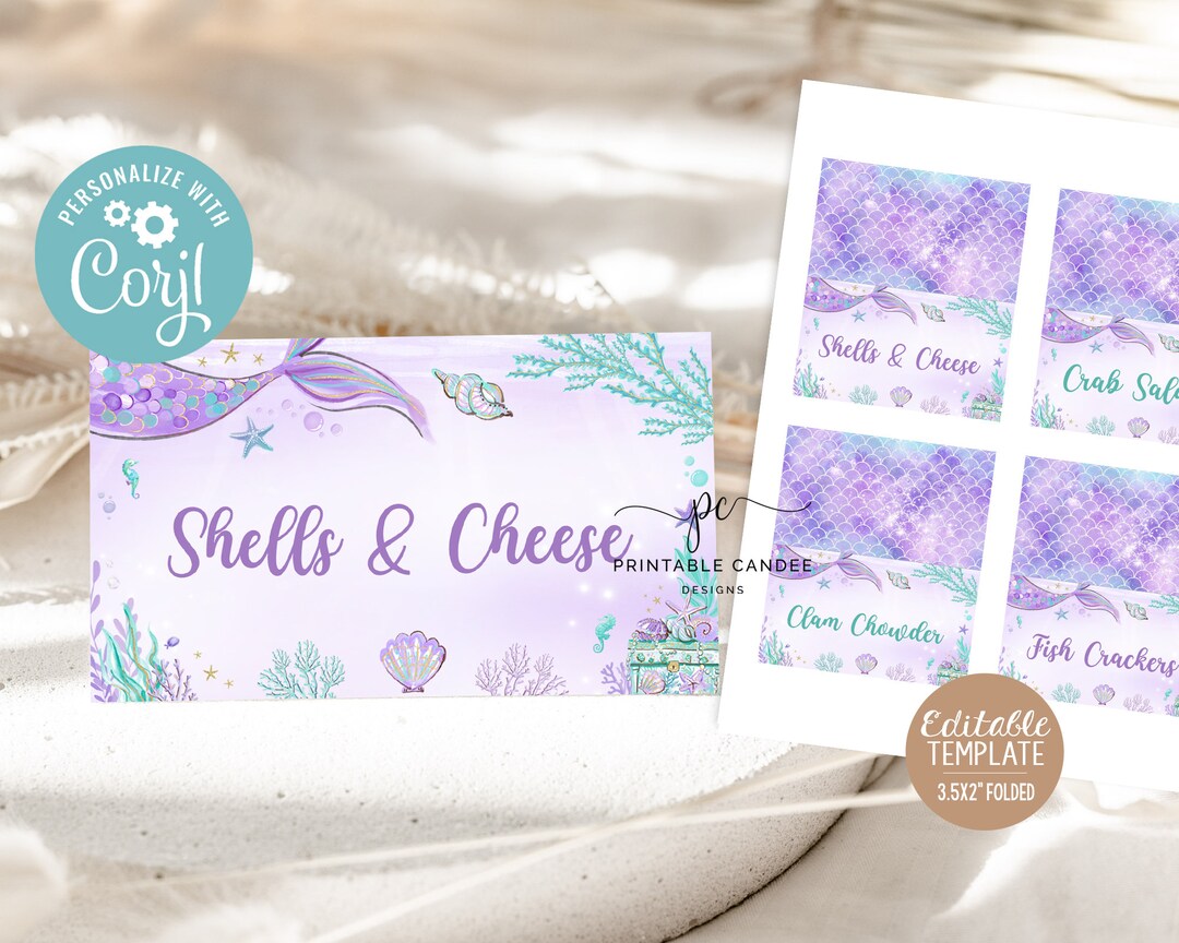 Mermaid Food Labels Purple Teal Gold Party Theme Menu Mermaids Food ...