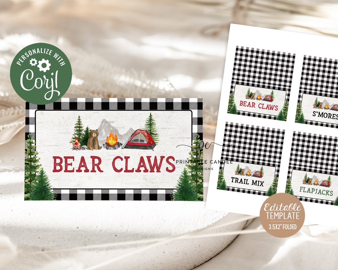 Editable Camping Food Labels One Happy Camper Smores Black Lumberjack ...