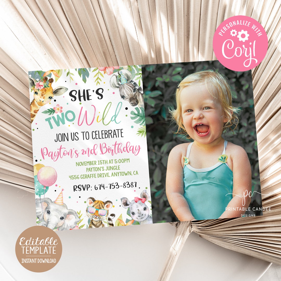 Two Wild Invitation Jungle Animal 2nd Birthday Party Editable Safari ...