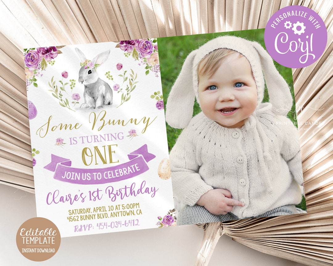 Editable Bunny Birthday Invite Easter Party Invitation Purple Gold ...