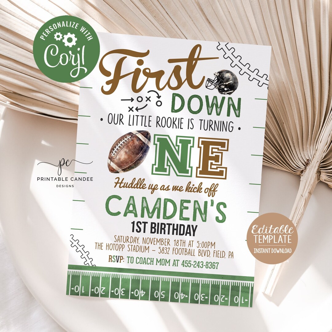 Football First Birthday Party Invitation Template Boy 1st Sports Theme ...