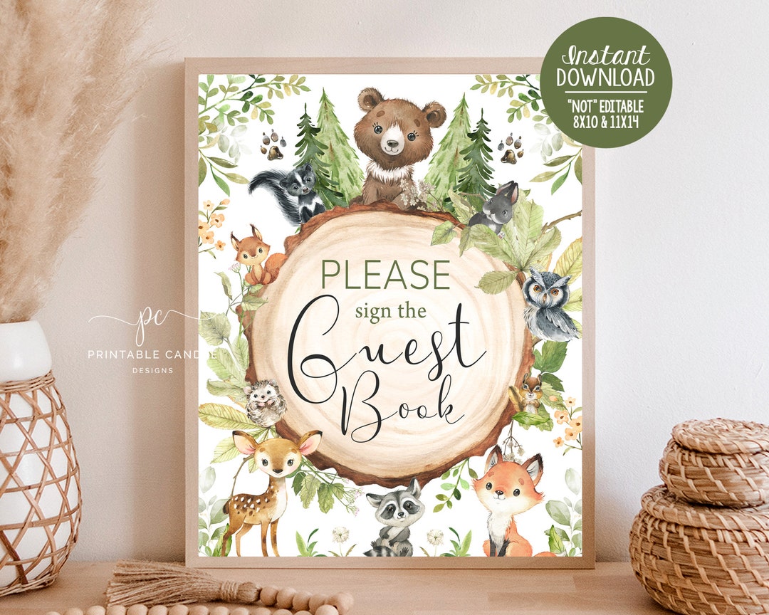 Woodland Baby Shower Guest Book Sign Boy Forest Animals Theme Decor ...