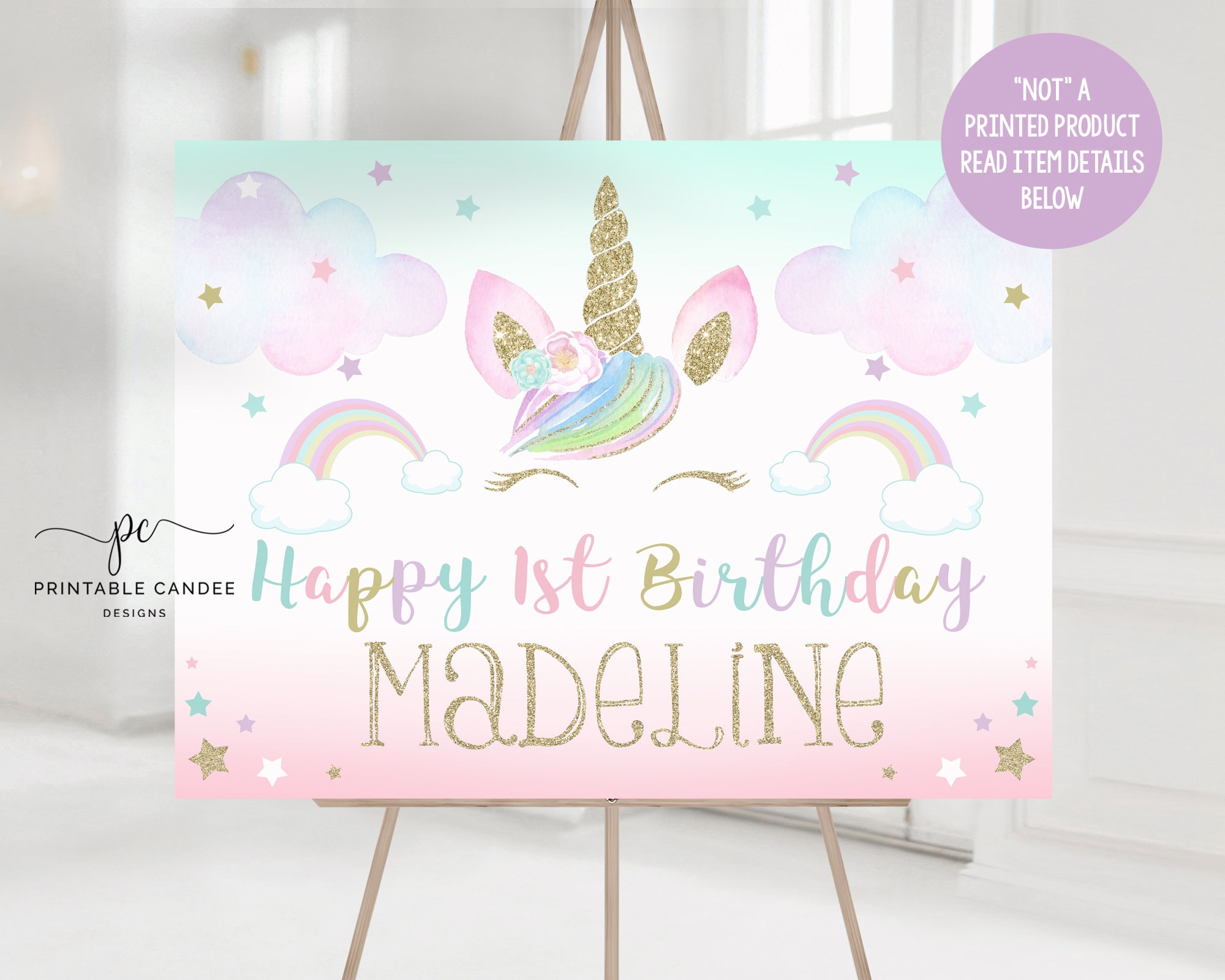 Pastel Unicorn Party Birthday Backdrop Rainbow Poster Floral Glitter ...
