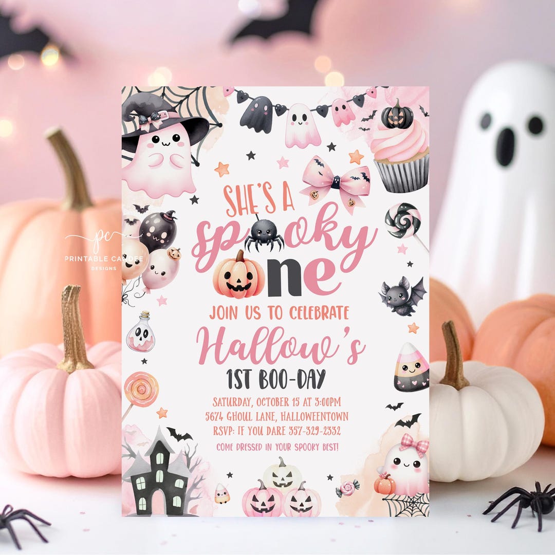 Editable Pink Halloween 1st Birthday Invite Girl Ghost Invitation ...