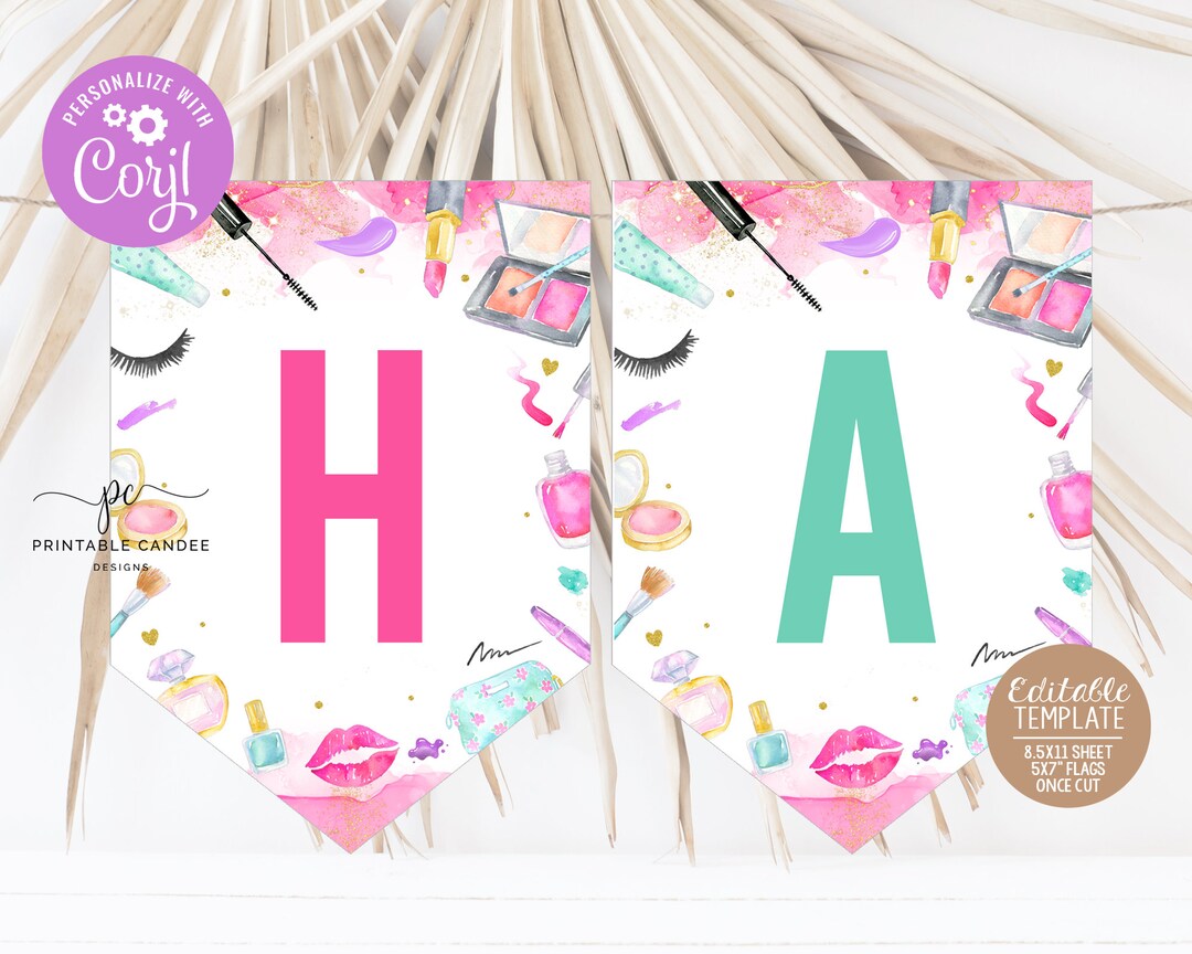 Editable Spa Birthday Party Flags Banner Girl Makeup Party Template ...