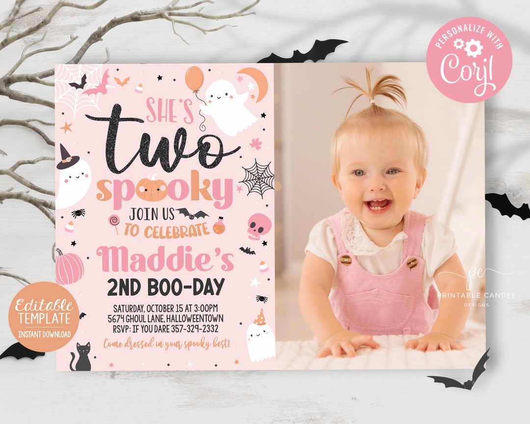 Editable Halloween Pink Ghost 2nd Birthday Invite Girl Cute Hey Boo ...