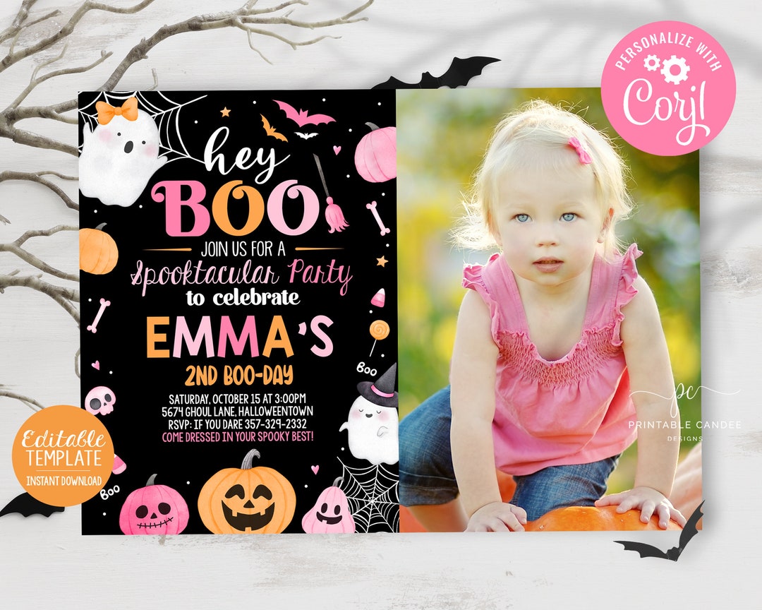 Editable Halloween Pink Ghost Birthday Invite Girl Hey Boo Theme Orange ...
