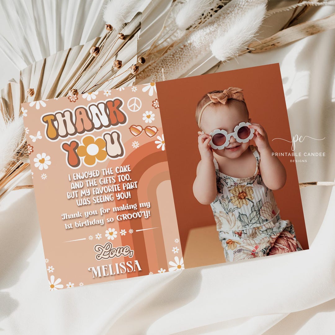 Editable Groovy Thank You Daisy Rainbow Groovy Birthday Photo Party ...