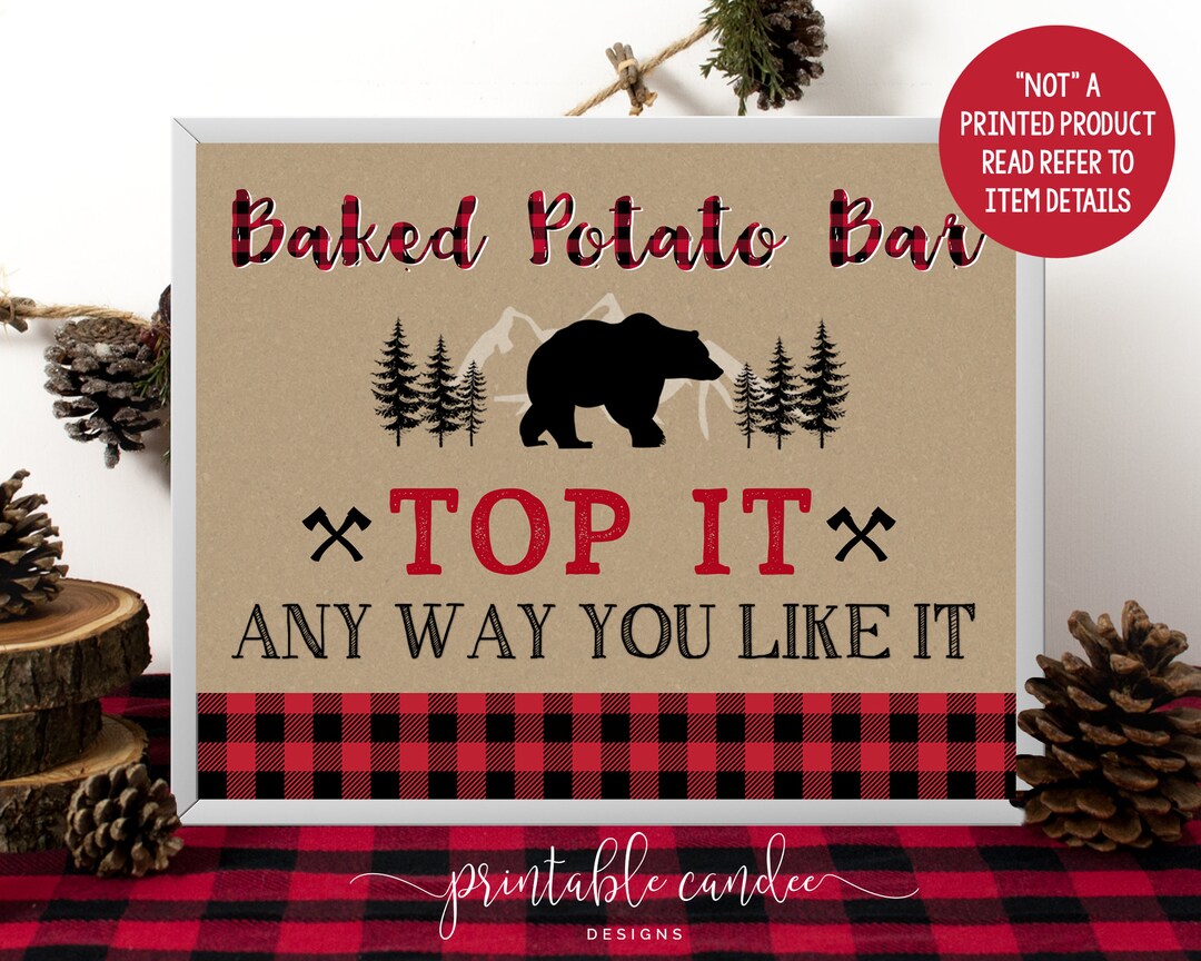 Baked Potato Bar Sign Warm up Food Lumberjack Bear Buffalo Plaid Decor ...