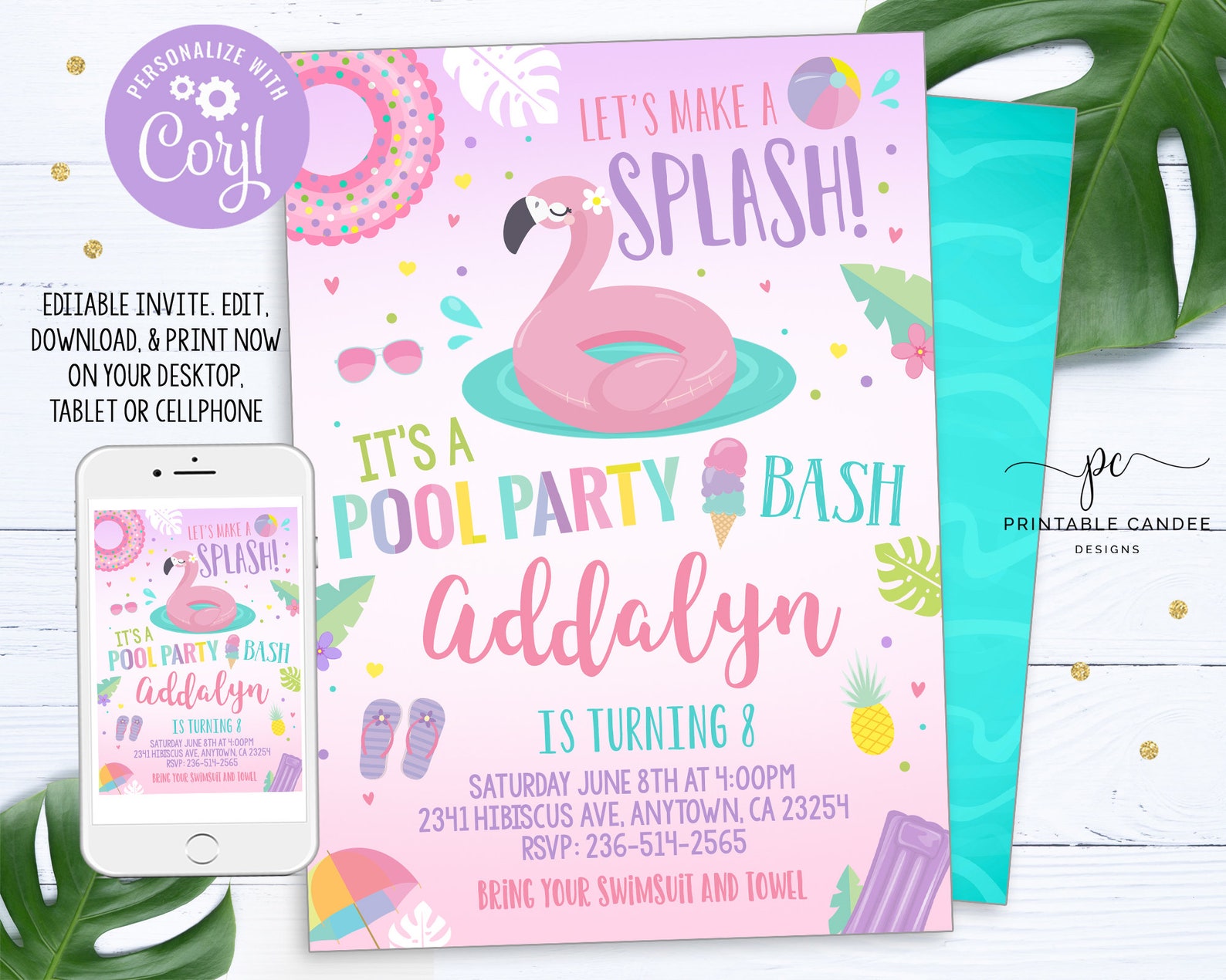 Flamingo Pool Party Invitation Editable Summer Birthday Invite | Etsy