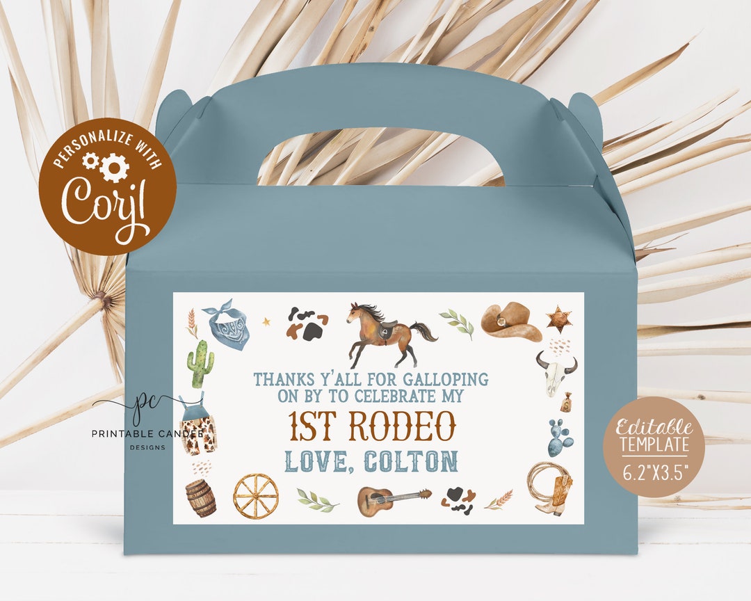 Cowboy Gable Box Labels 1st Rodeo Birthday Theme Wild West Favors Blue ...
