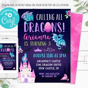 Girl Dragon Birthday Invitation Editable Pink Dragon Party - Etsy