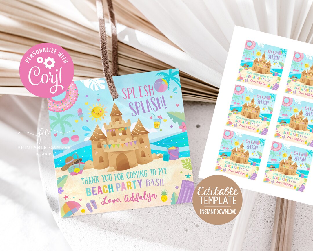 Beach Party Favor Tags Template Girl Birthday Summer Beach Bash Theme ...