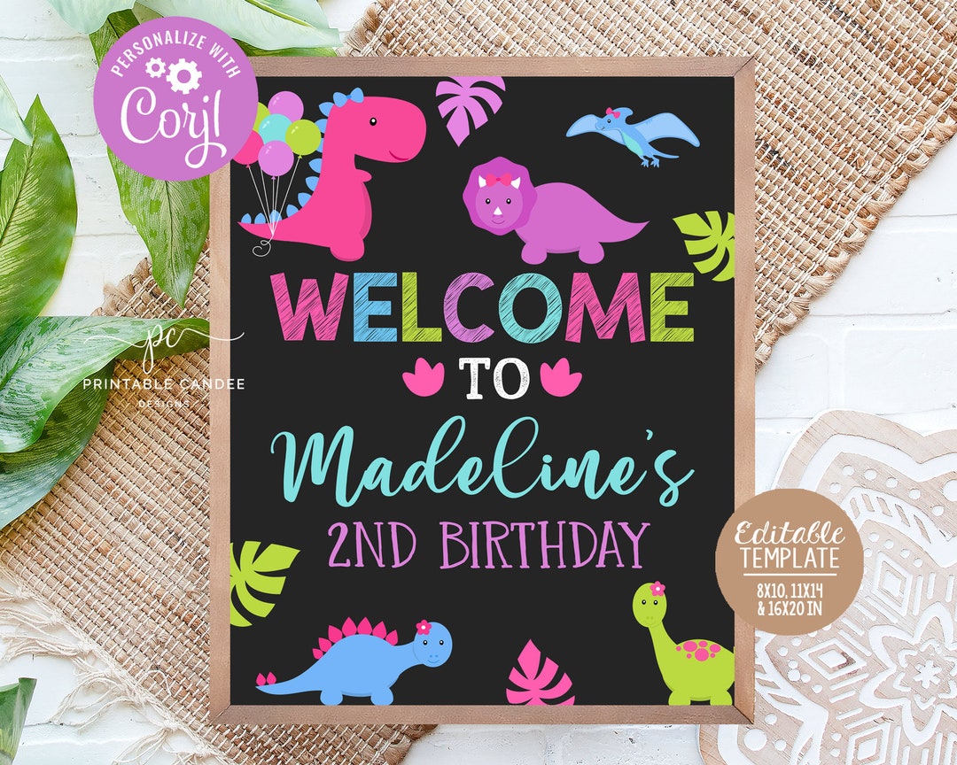 Editable Dinosaur Welcome Sign Girl Dino Birthday Party Theme Door Sign ...