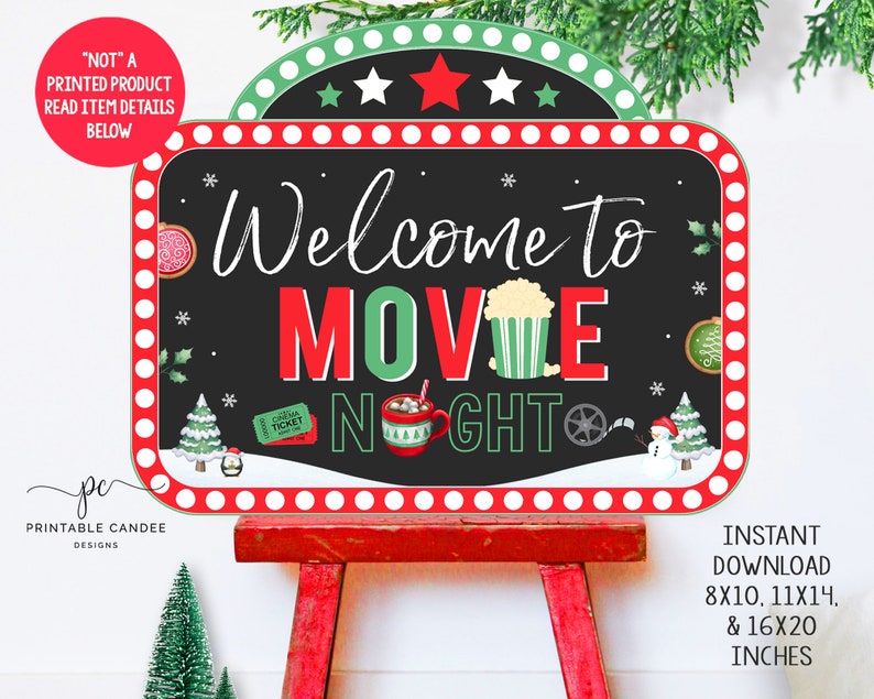 Christmas Movie Night Printable Welcome Sign Holiday Movie Birthday ...