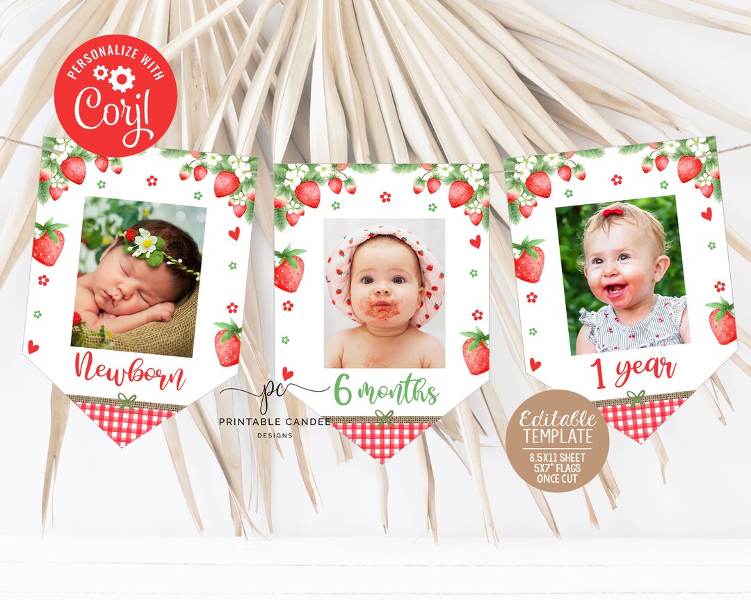 Editable Strawberry First Birthday Banner Strawberries Monthly Photo ...