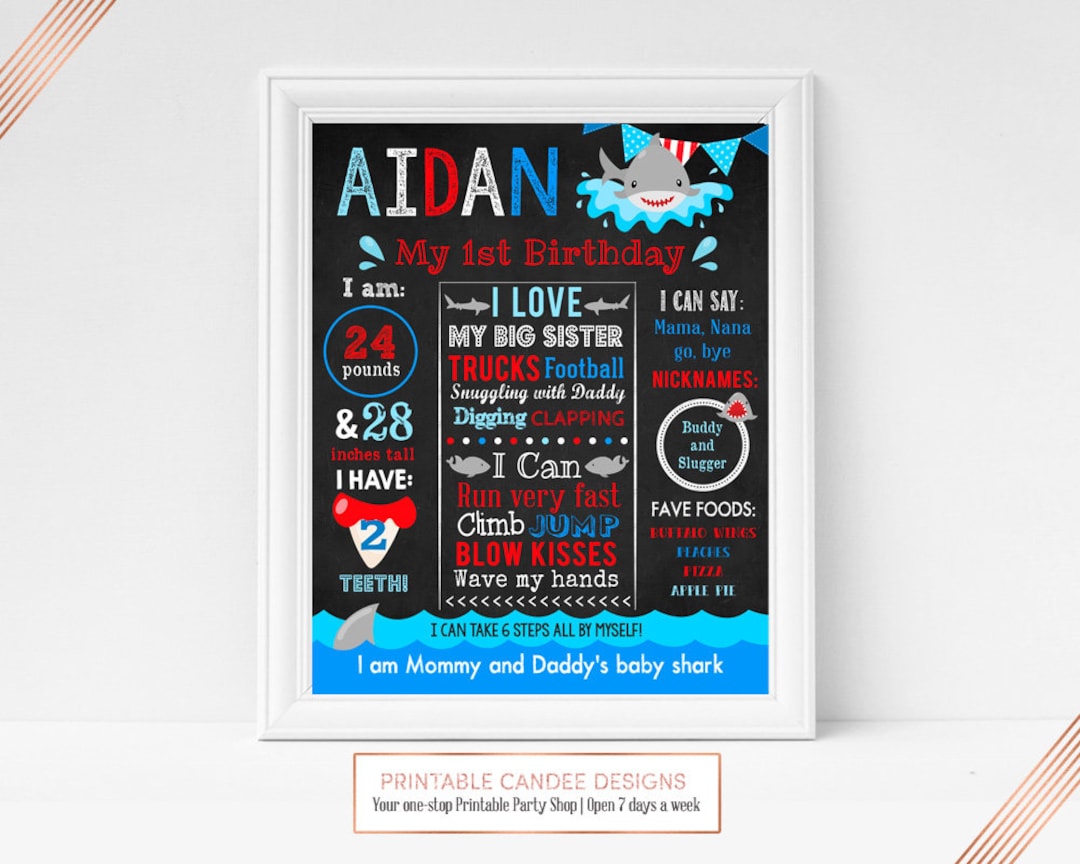 Shark Birthday Chalkboard Poster Printable, First Birthday Chalkboard ...