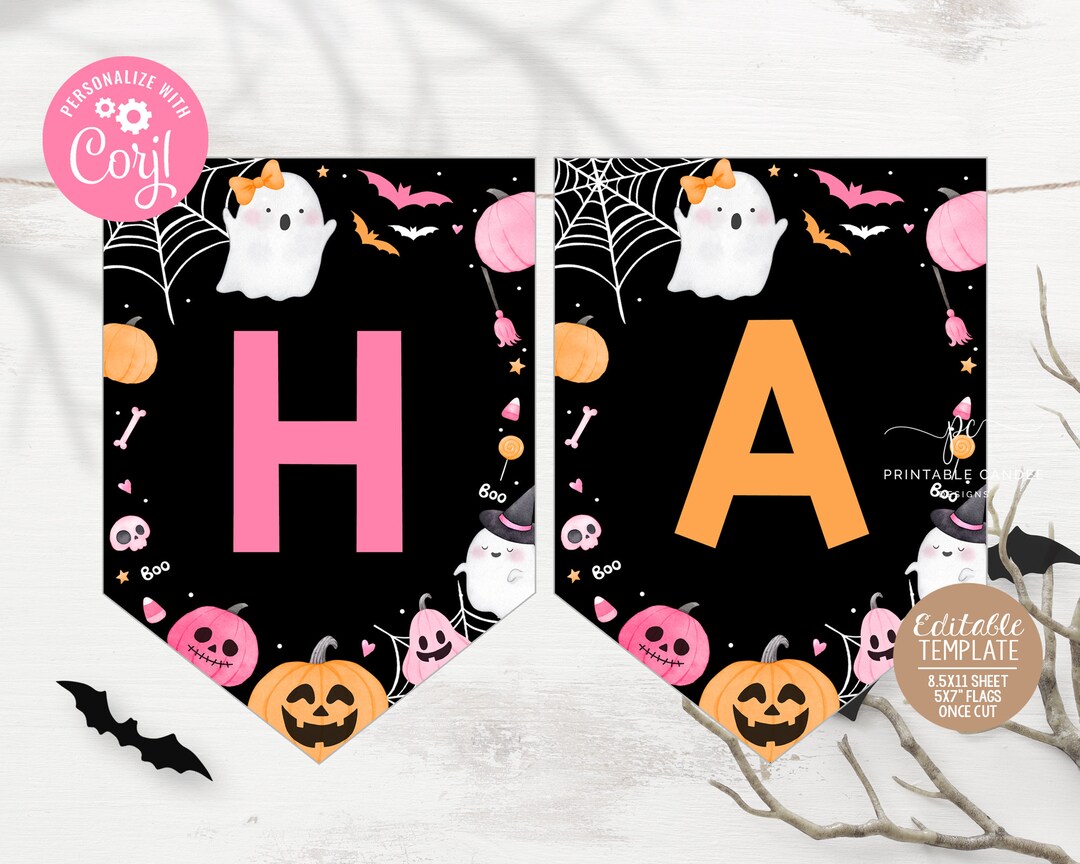 Editable Halloween Flag Banner Pink Orange Ghost Party Decor Girl Theme ...