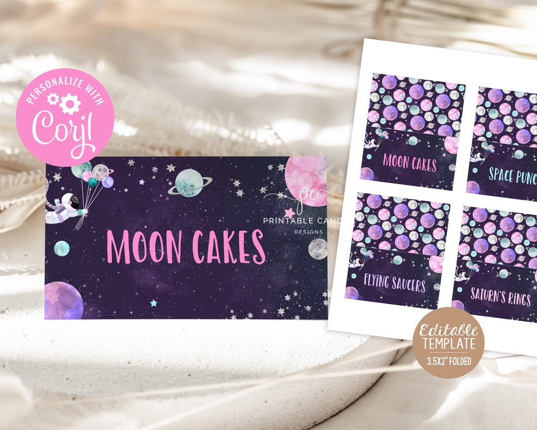Editable Space Food Tent Signs Astronaut Girl Pink Galaxy Party Theme ...
