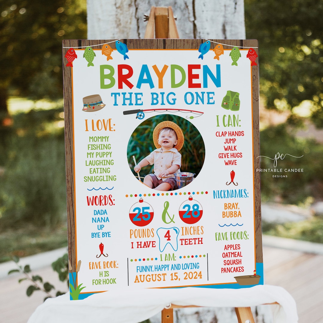 Editable Fishing First Birthday Stats Sign the Big One Fish Decor ...