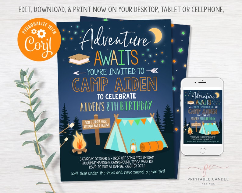 Camping Invitation Editable Birthday Invite Sleepover Party - Etsy