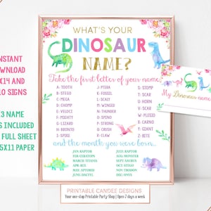 Girl Dinosaur Name Game Party Printables Table Party Sign - Etsy
