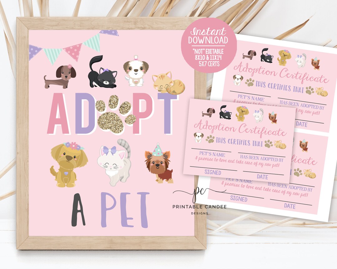 Pet Adoption Party Game Cat Certificate Kitty Puppy Birthday Party ...