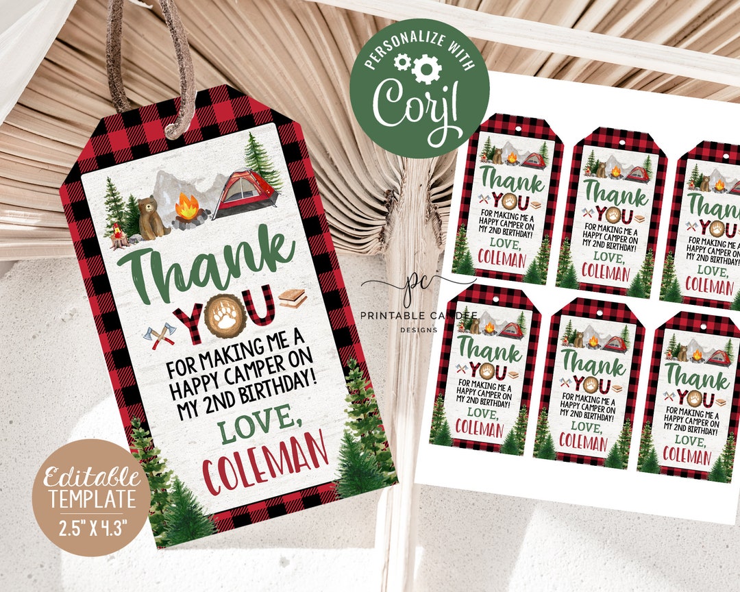 Editable Camping Favor Tags One Happy Camper Smores Red Lumberjack ...