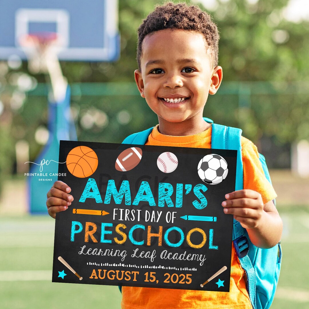 Editable First Day of School Sign Sports 1st Day of Preschool Template ...