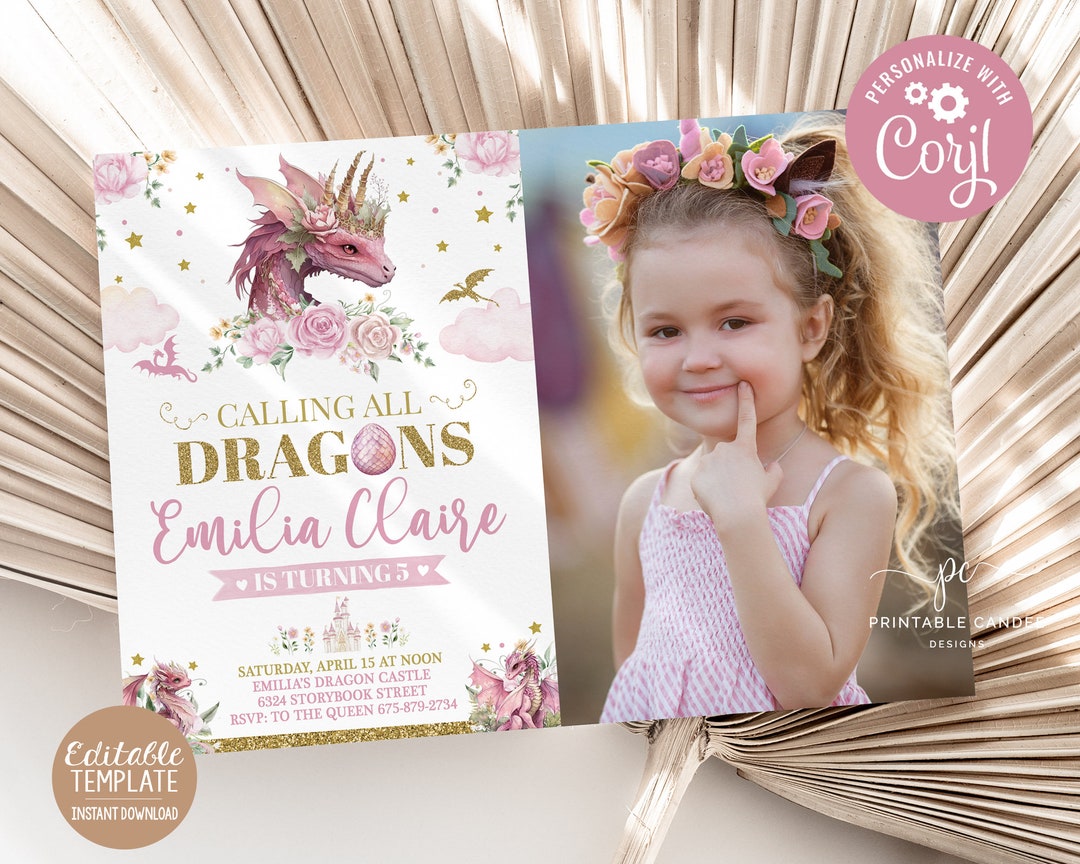 Girl Dragon Birthday Invitation Editable Pink Gold Dragon Party ...
