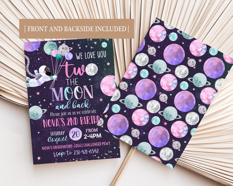 Editable to the Moon Birthday Invitation Girl Pink Space - Etsy