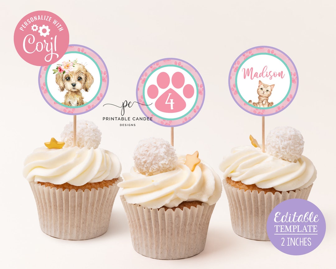 Editable Girl Puppy Kitten Cupcake Toppers Cat Dog Birthday Party Pink ...