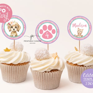 Editable Girl Puppy Kitten Cupcake Toppers Cat Dog Birthday Party Pink ...