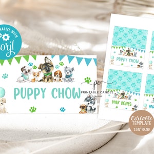 Editable Boy Puppy Food Tent Signs Dog Birthday Party Blue Green ...