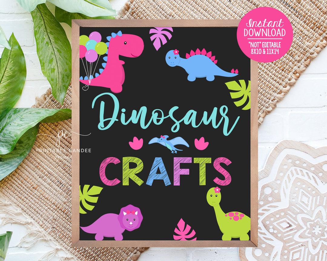 Dinosaur Crafts Sign Girl Dino Birthday Pink Chalk Party Activity Games ...