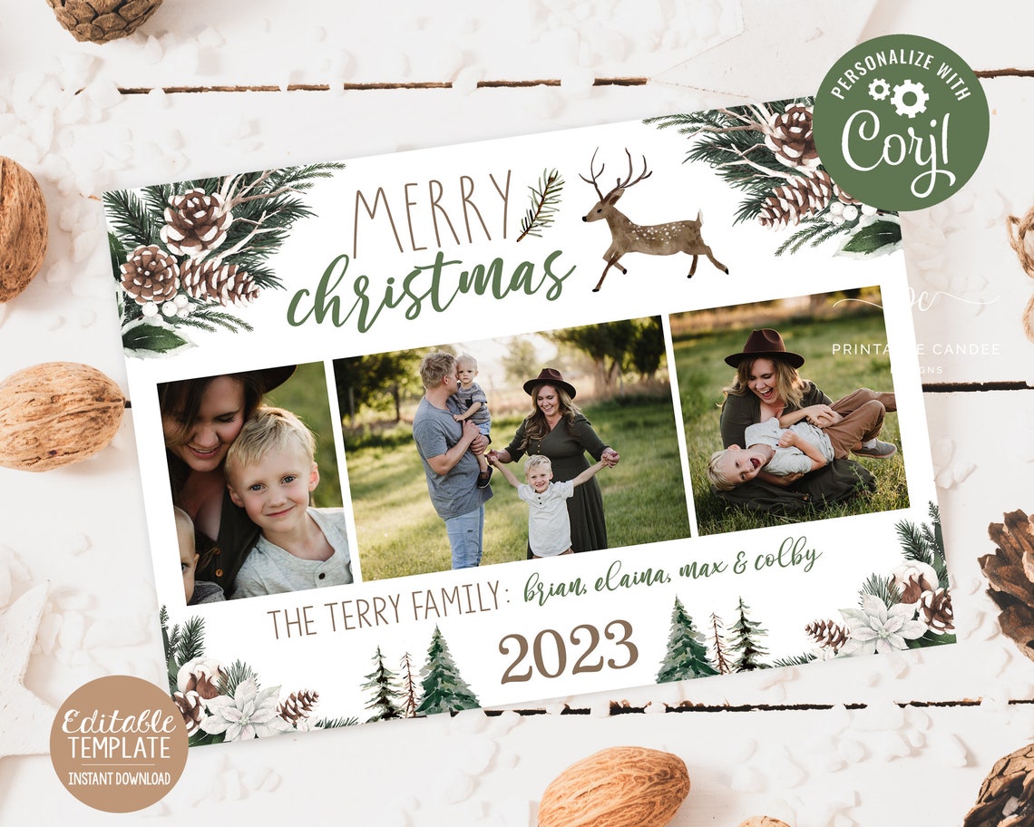 Editable Christmas Card Template Deer Pine Photo Card Antler - Etsy