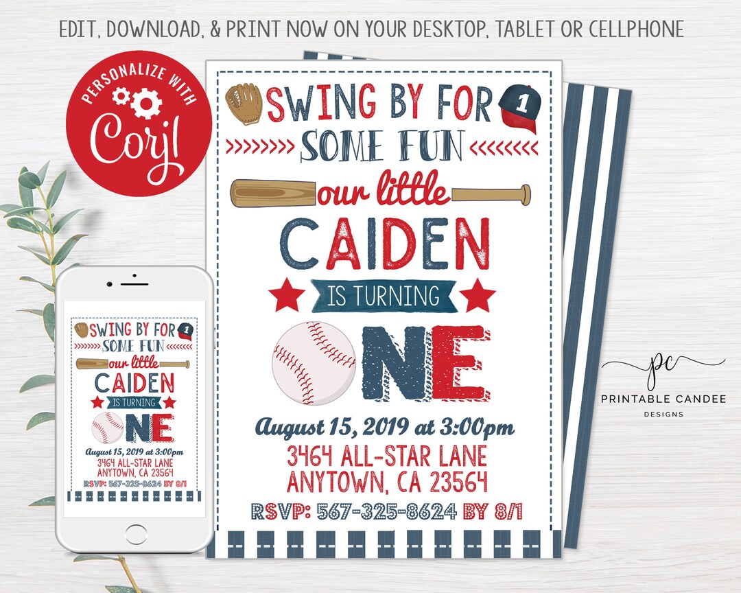 Baseball 1st Birthday Invitation Sports First Invite Theme Allstar ...